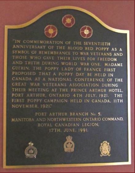 Prince Arthur Poppy Plaque – World War One Thunder Bay Centennial Project