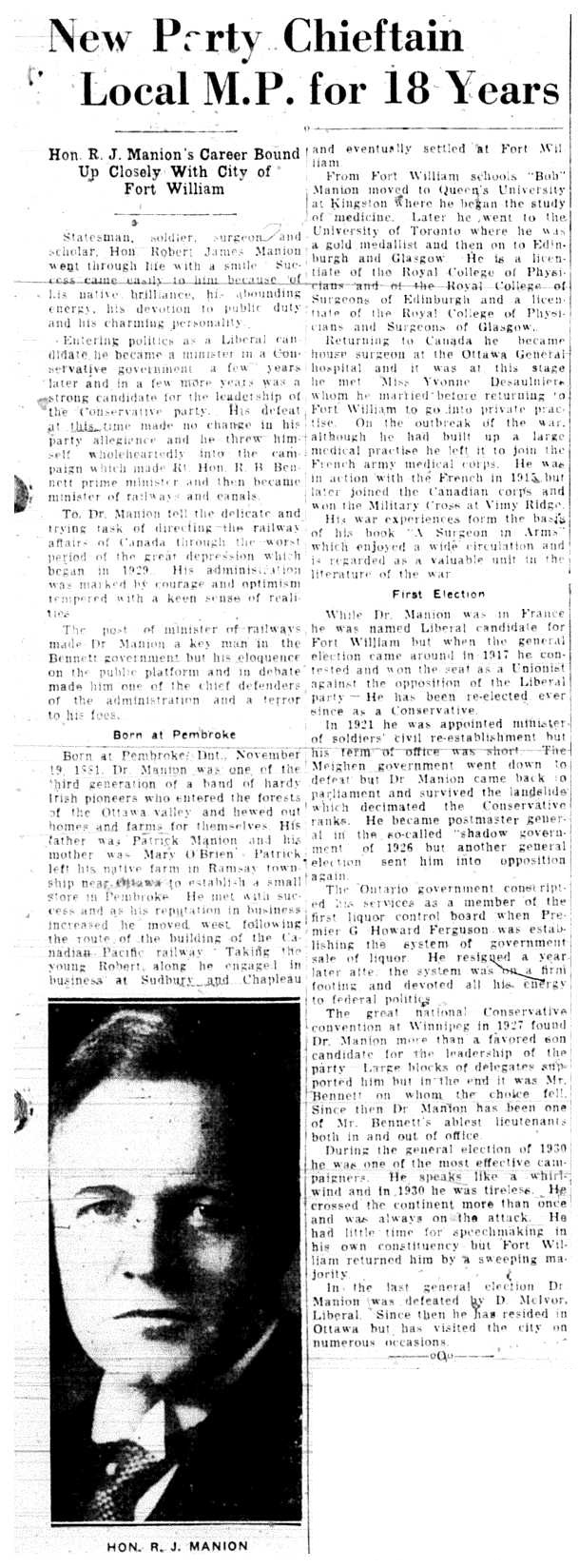 Captain Robert James Manion – World War One Thunder Bay Centennial Project