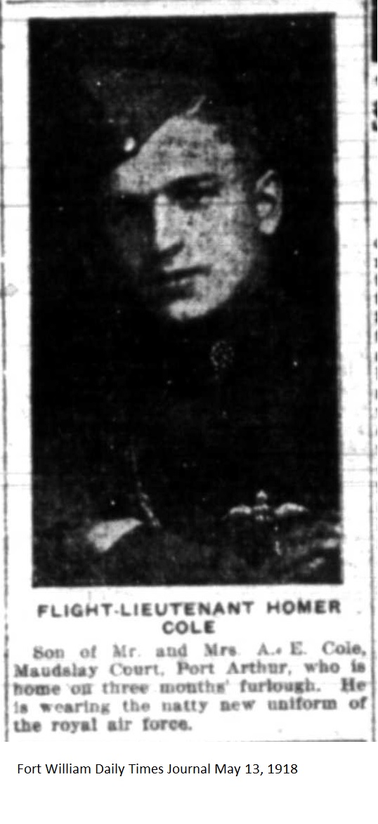 Flight Lieutenant Homer Cole – World War One Thunder Bay Centennial Project